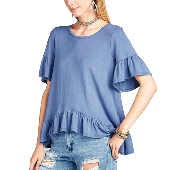 Tops | Blue Denim Ruffle Top Plus 2x | Poshmark